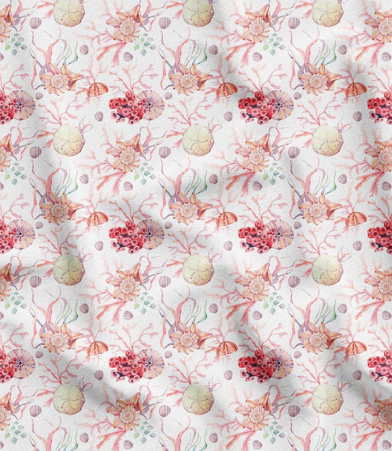 Seashell and Coral Pattern Digital Print Fabric by the Yard, White ...