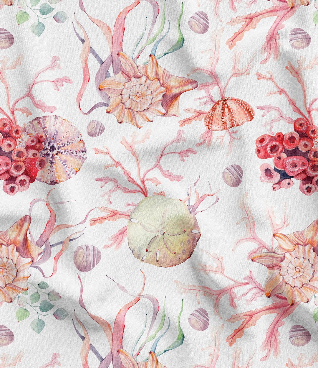 Seashell and Coral Pattern Digital Print Fabric by the Yard, White ...
