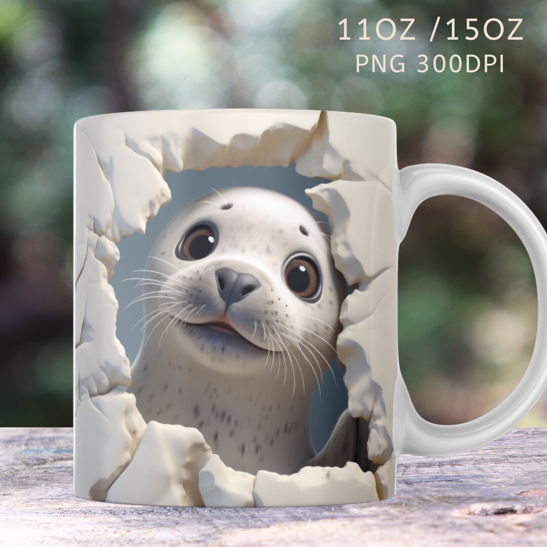 3D Seal Hole in A Wall Mug Wrap, 11oz & 15oz Mug Template, Seal Mug ...