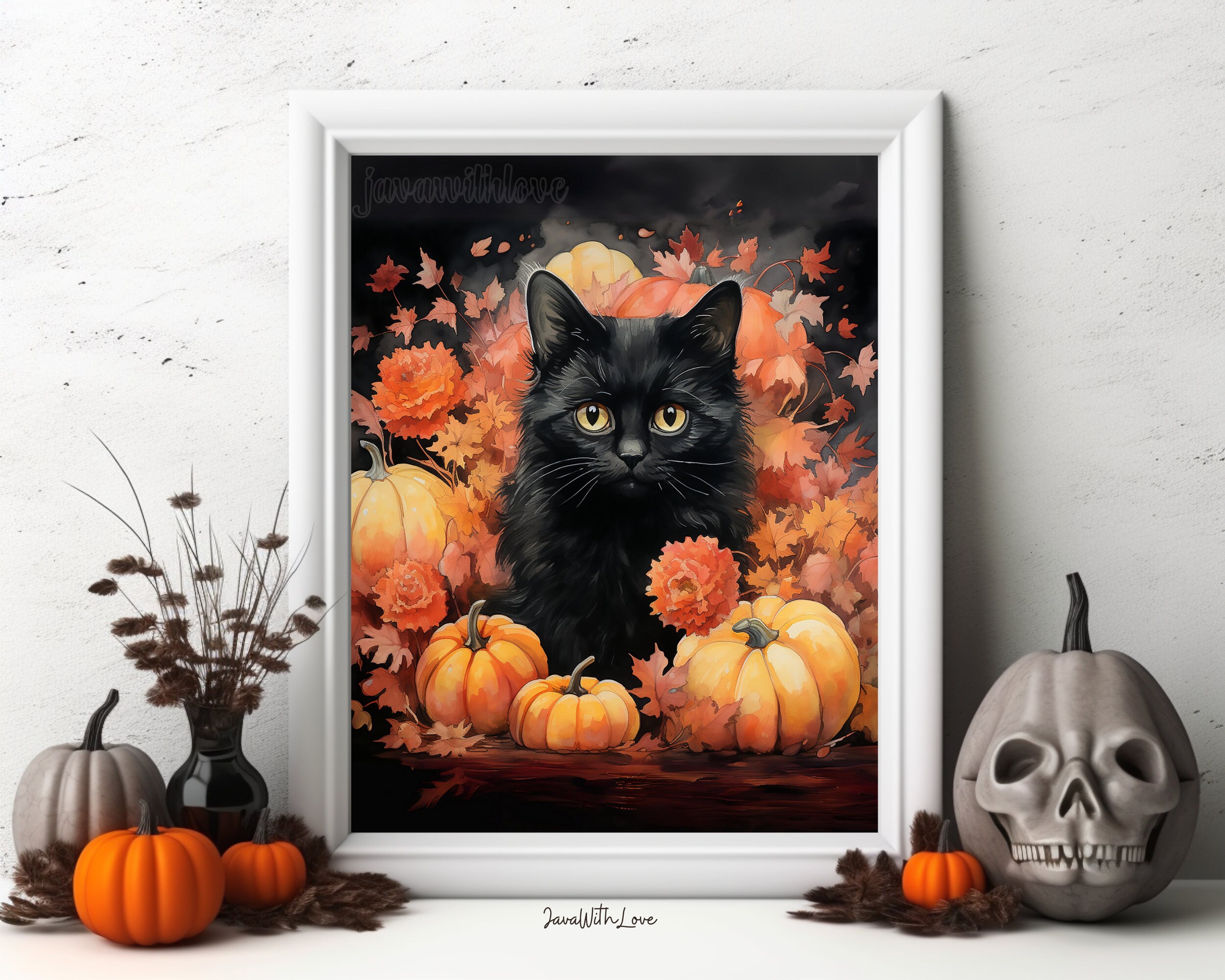Cute Black Cat Pumpkin Decor Printable Halloween Wall Art Vintage ...