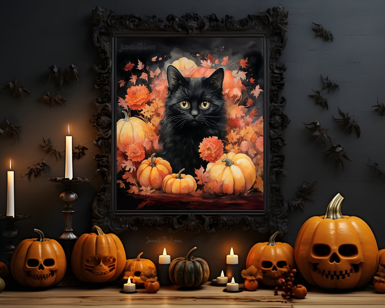 Cute Black Cat Pumpkin Decor Printable Halloween Wall Art Vintage ...