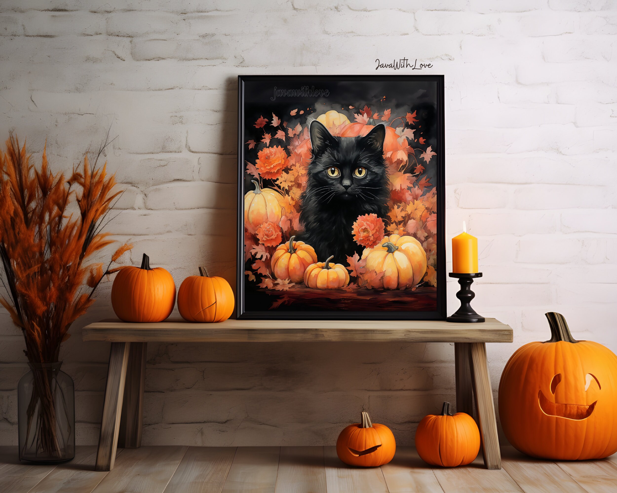Cute Black Cat Pumpkin Decor Printable Halloween Wall Art Vintage ...