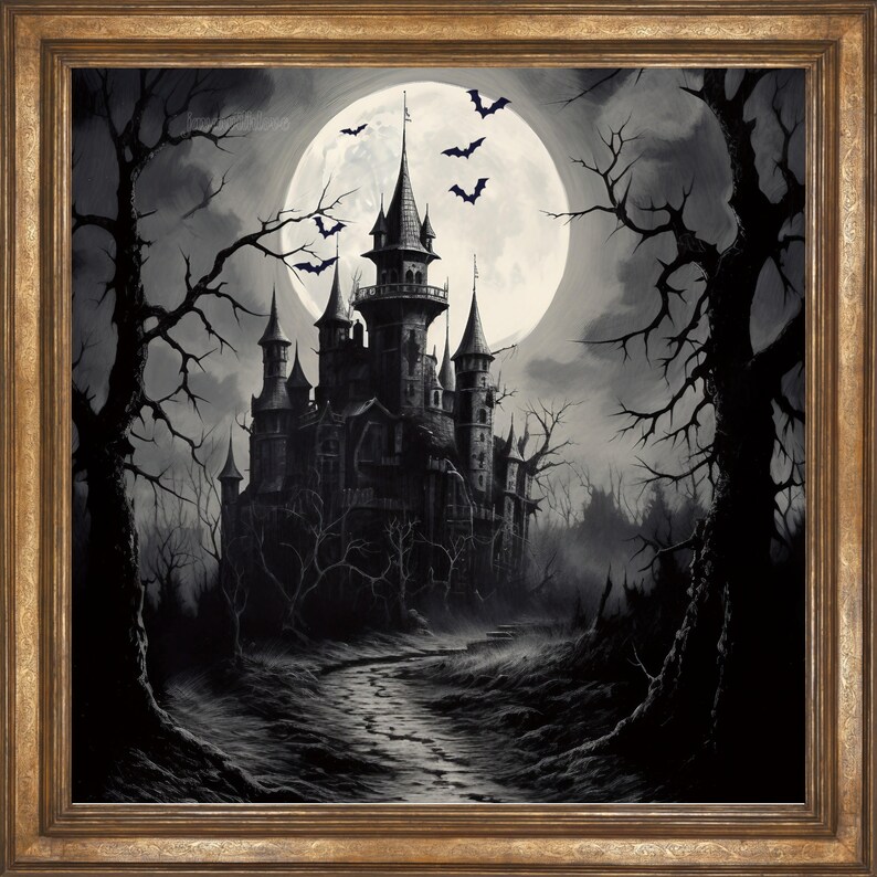 Printable Haunted Mansion Wall Art Bat Haunted House Spooky Dark ...