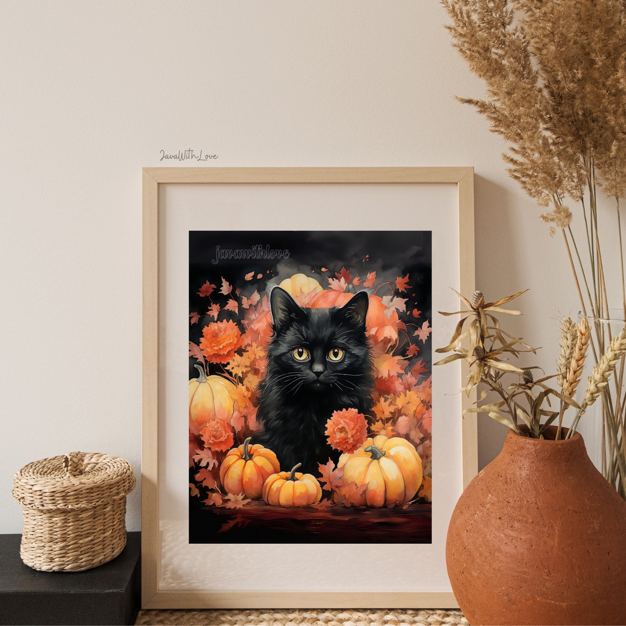 Cute Black Cat Pumpkin Decor Printable Halloween Wall Art Vintage ...