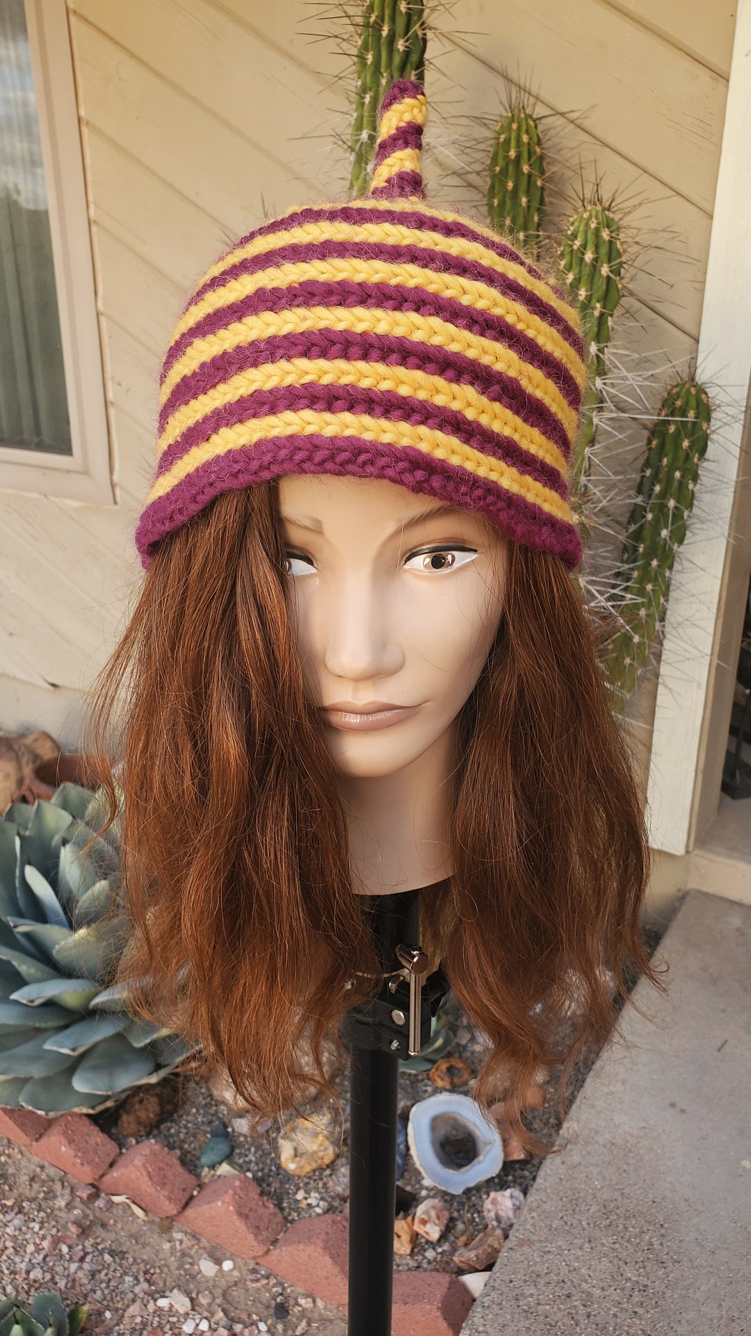 Oslo Stitch Nalbinding Hat 100% Wool. Purple and Yellow. Spiral Stripe ...