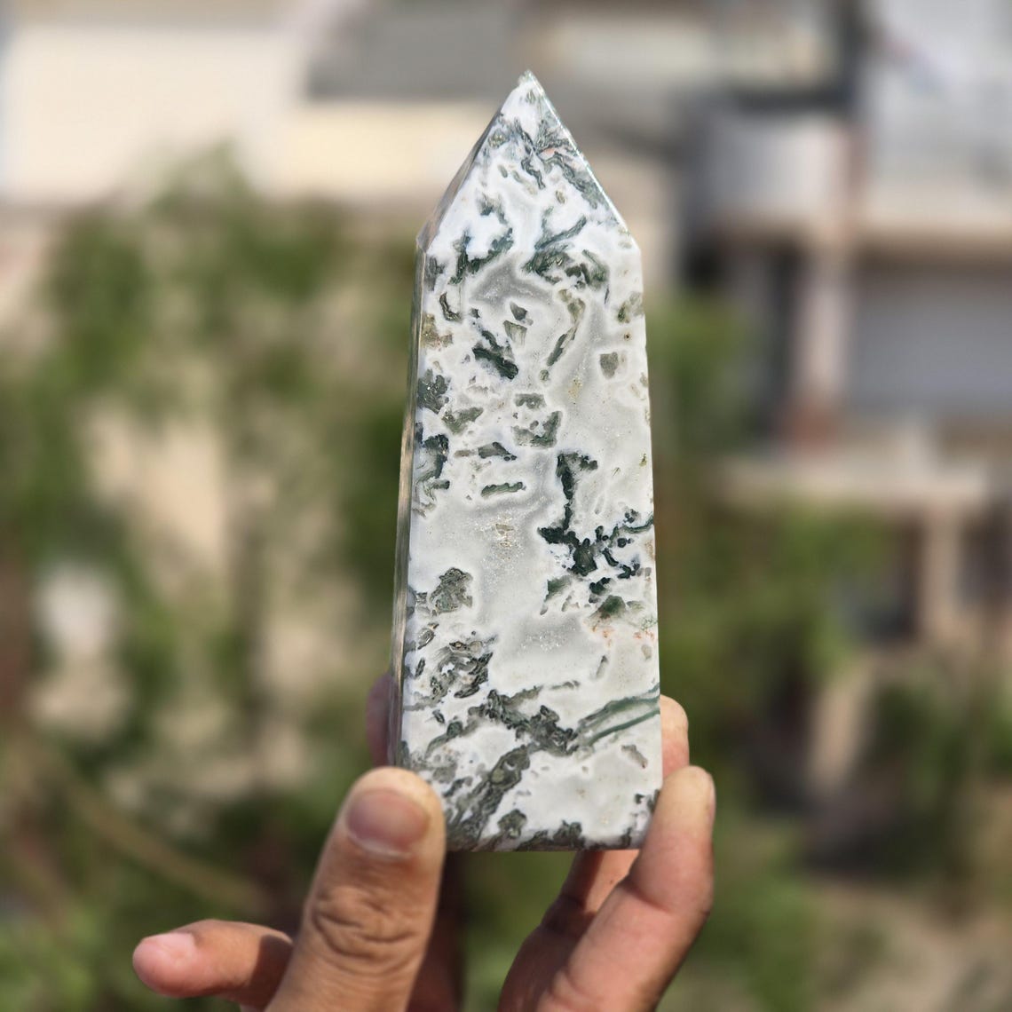 6" Natural Tree Agate Tower, Polished Crystal Point, Green Mossy ...