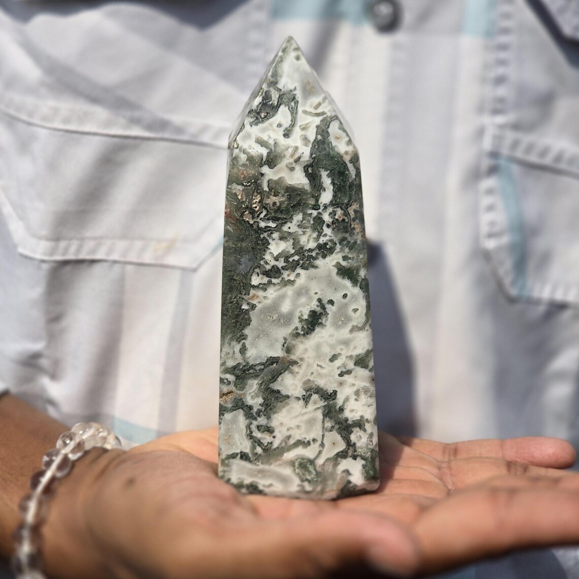 6" Natural Tree Agate Tower, Polished Crystal Point, Green Mossy ...