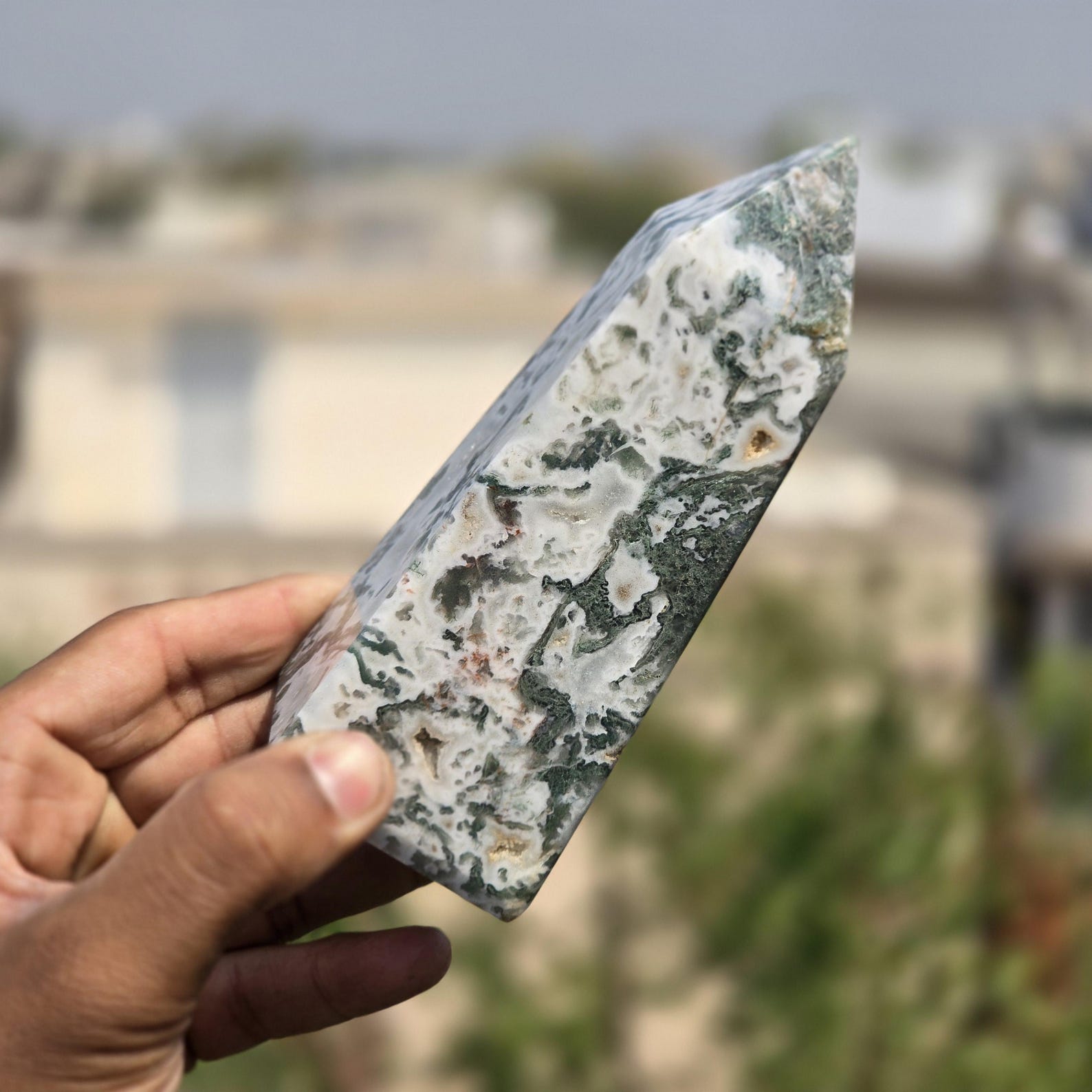 6" Natural Tree Agate Tower, Polished Crystal Point, Green Mossy ...