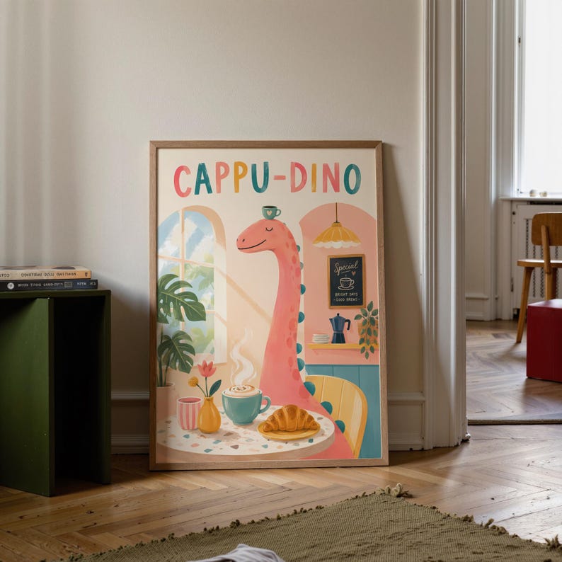 Cappuccino Dinosaur Poster Coffee Kitchen Wall Decor | Funny Dinosaur ...