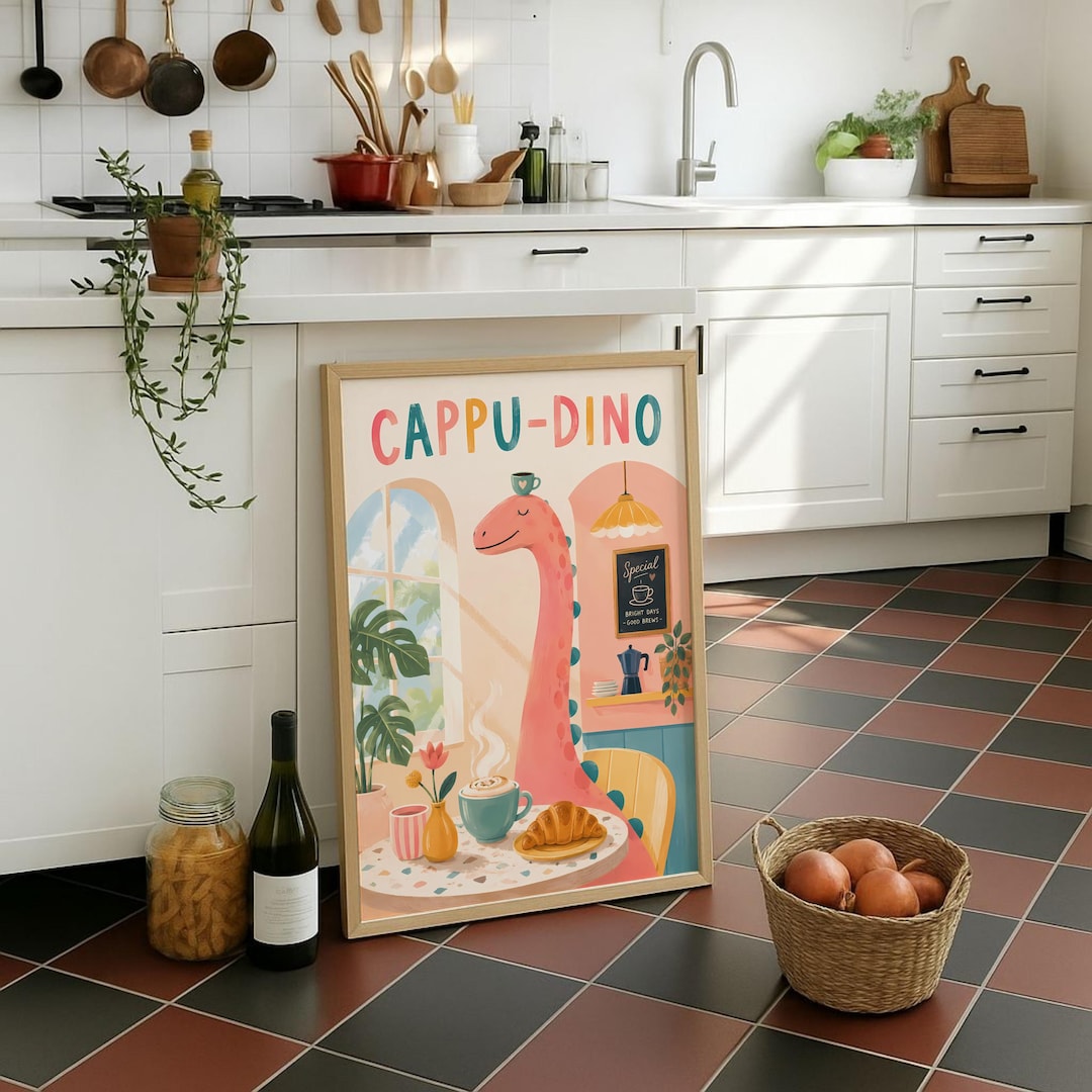 Cappuccino Dinosaur Poster Coffee Kitchen Wall Decor | Funny Dinosaur ...