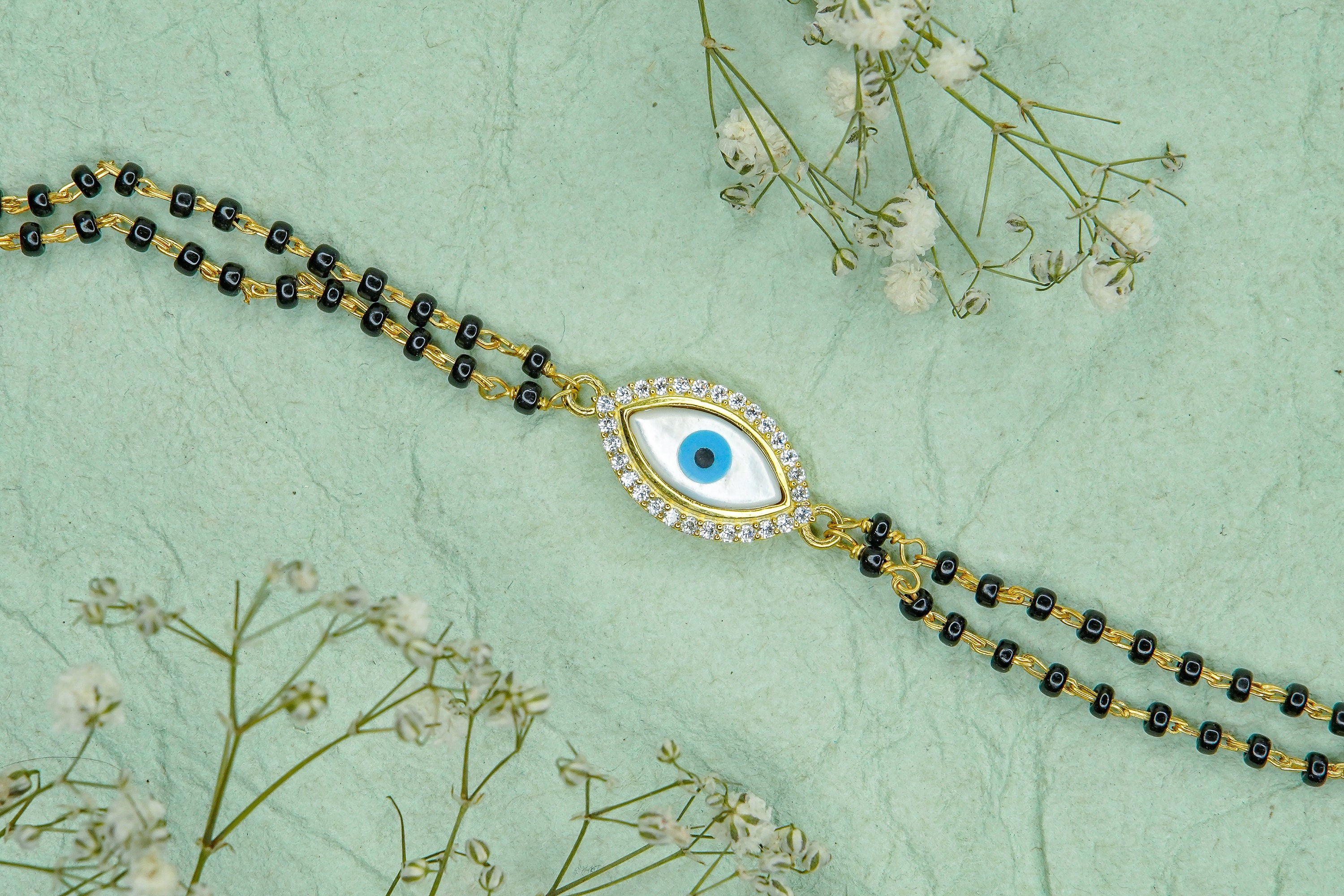 Evil Eye Bracelet 925 Sterling Silver Chain Bracelet With Golden Touch, Silver Dainty Bead ...