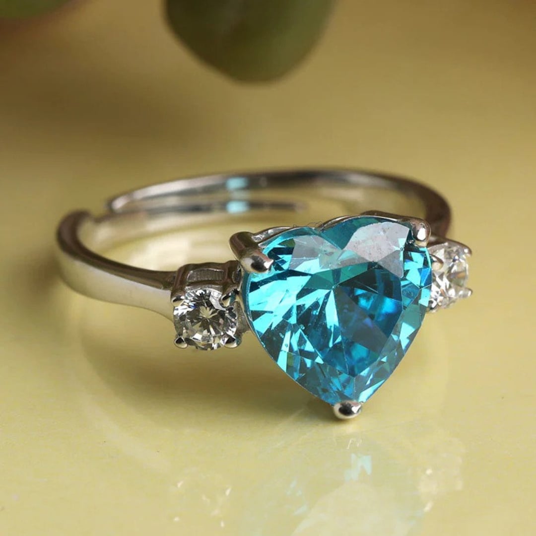 925 Sterling Silver Ring, Blue Heart Ring, Swiss Zirconia Gemstone Ring ...