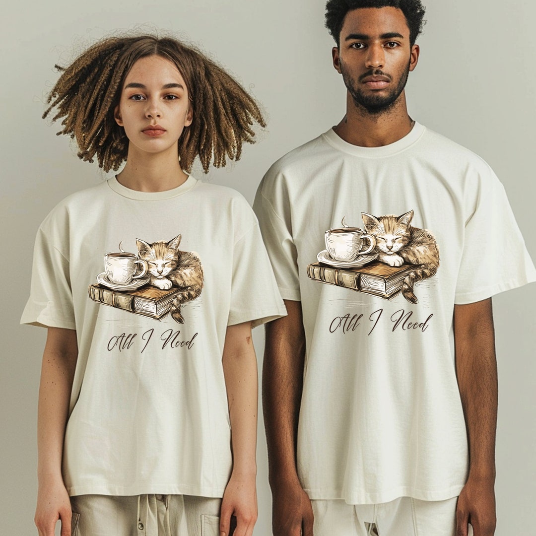 Cat Print Vintage T Shirt,cat,book and Coffee Lover Graphic T Shirt ...