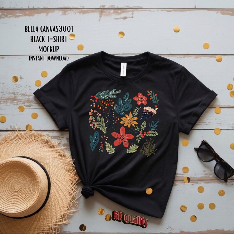 Bella Canvas 3001 Black T-shirt Mockup: Flat Lay Styled Product ...