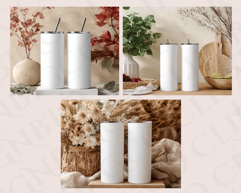 Boho 20oz Skinny Tumbler Mockup Bundle: White Tumbler, Lifestyle Scene ...