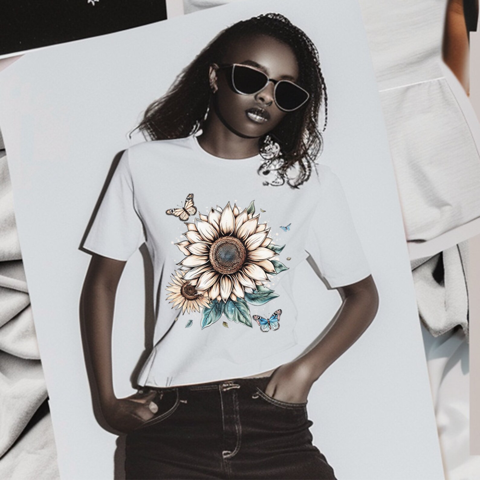 Floral Design Slim Fit Sunflower Tee,longer Body Length,comfy,stylish ...