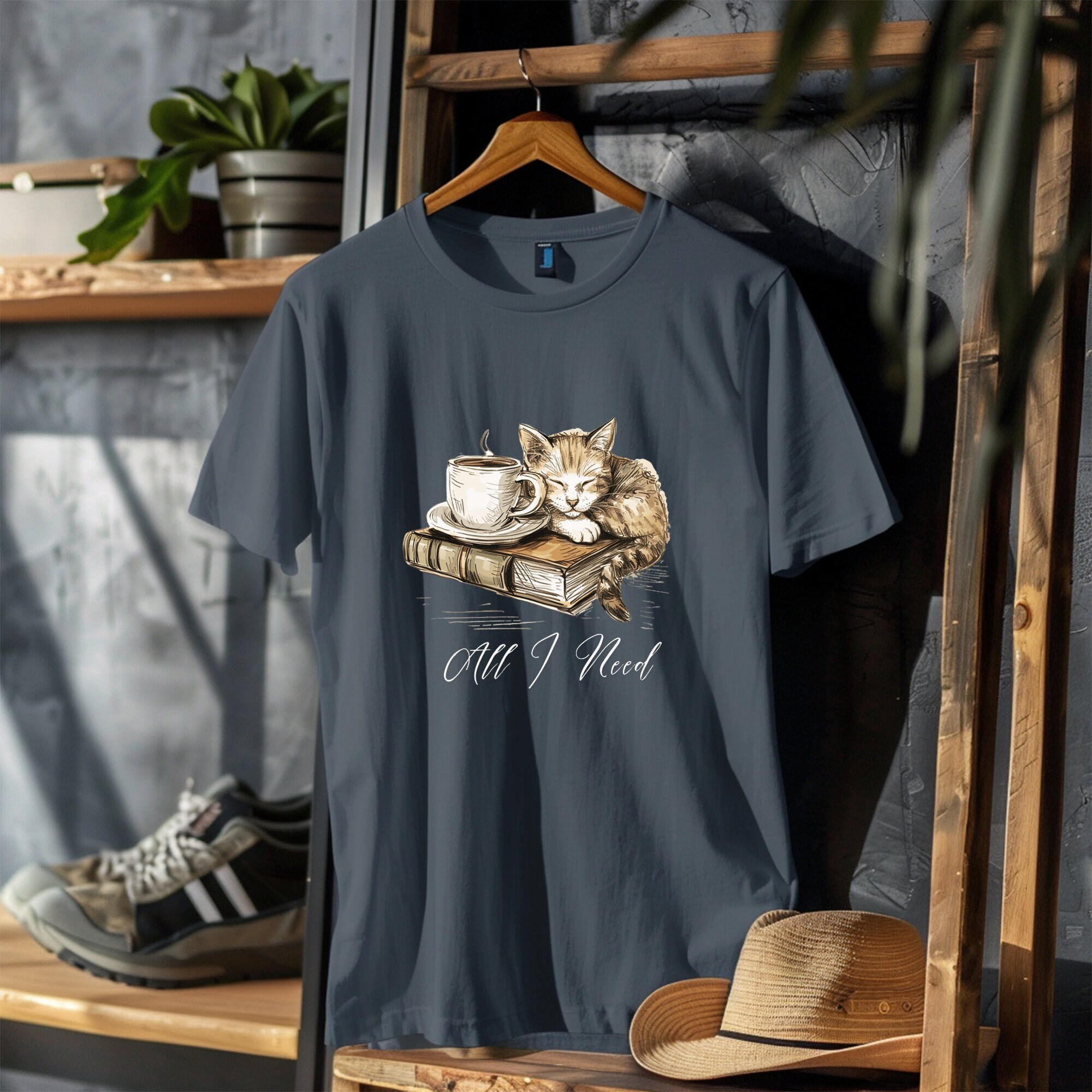 Cat Print Vintage T Shirt,cat,book and Coffee Lover Graphic T Shirt ...