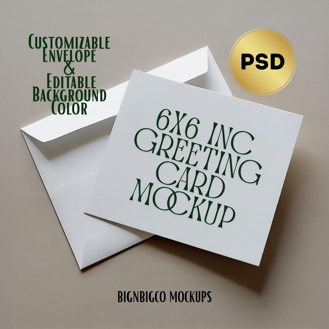 6x6 Greeting Card Mockup PSD, Square Card - Envelope Flat Lay, Editable ...