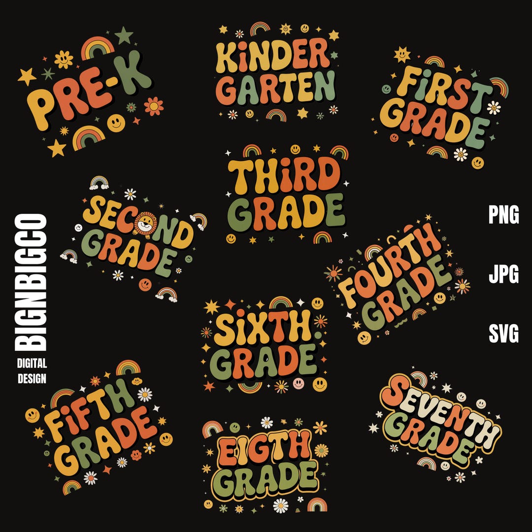 Preppy Back to School PNG Bundle, Grades With Buble Lettering Pre-k ...