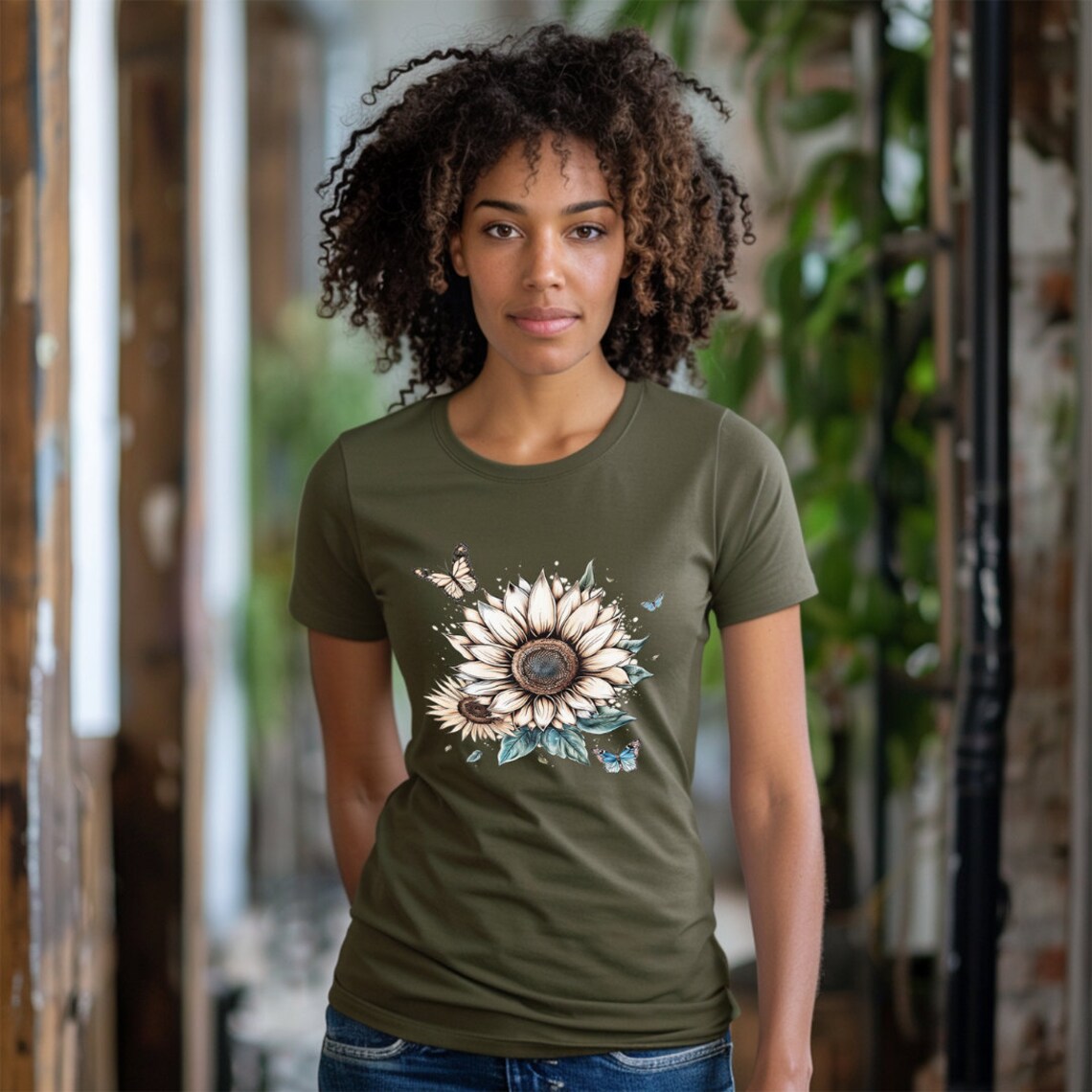 Floral Design Slim Fit Sunflower Tee,longer Body Length,comfy,stylish ...