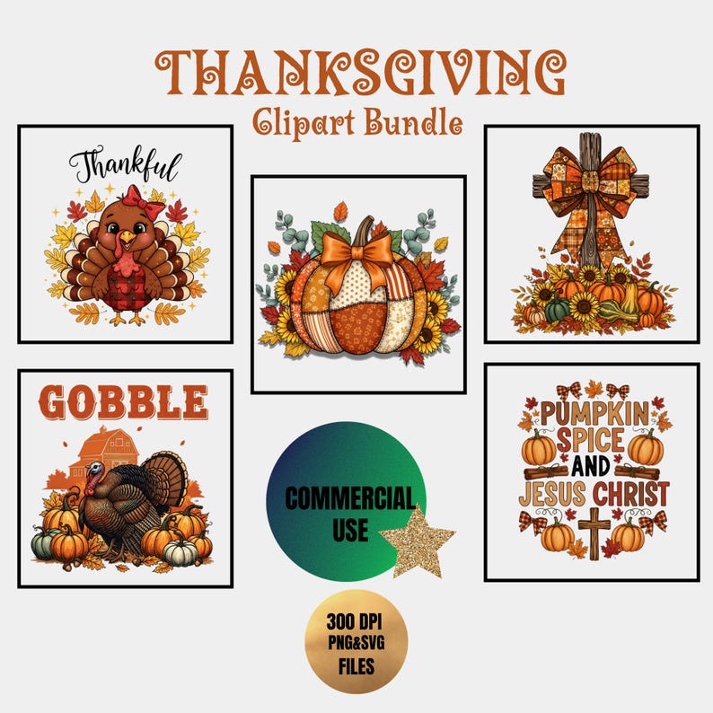 Thanksgiving Clipart Bundle | Fall Pumpkin Turkey Cross & Sunflower PNG ...