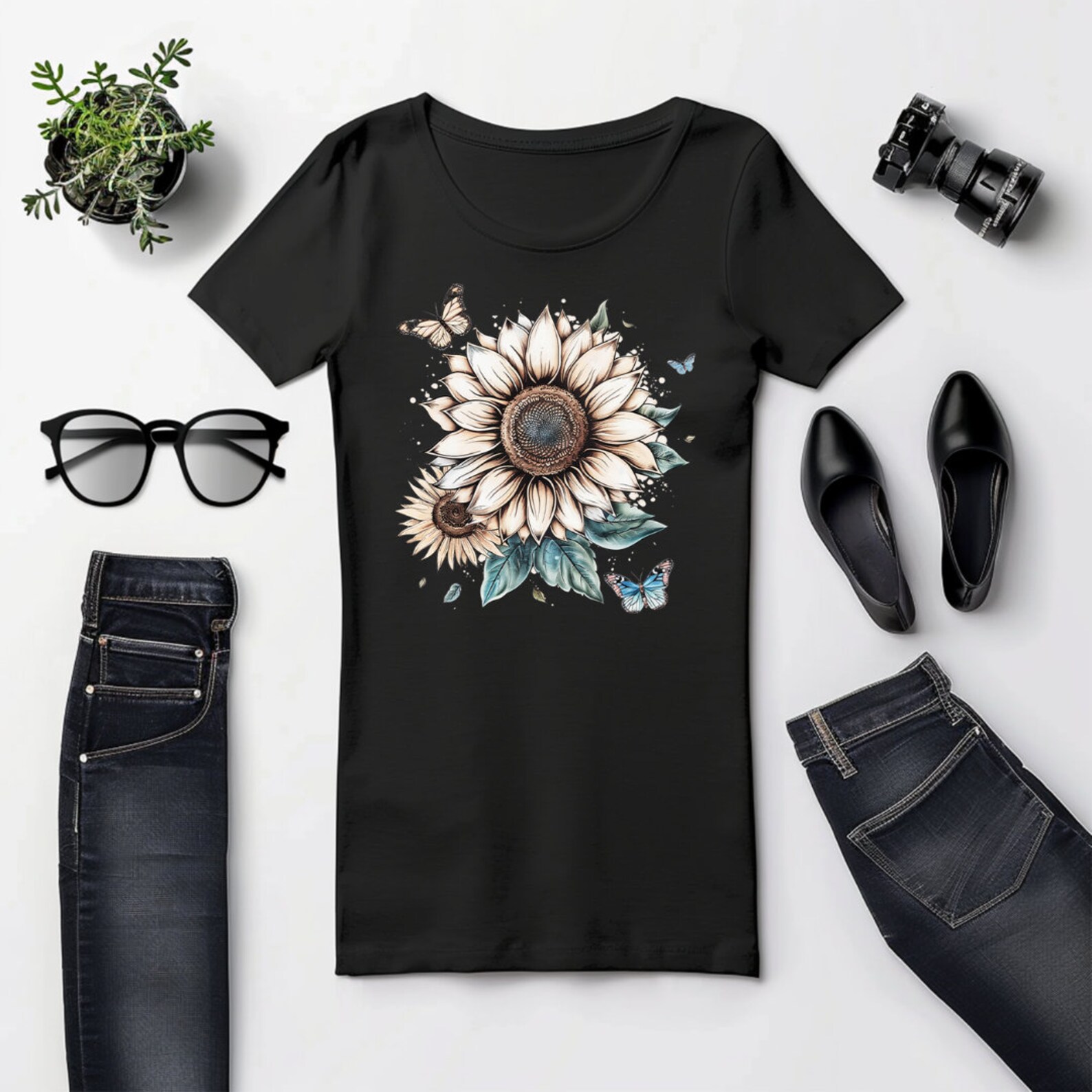 Floral Design Slim Fit Sunflower Tee,longer Body Length,comfy,stylish ...