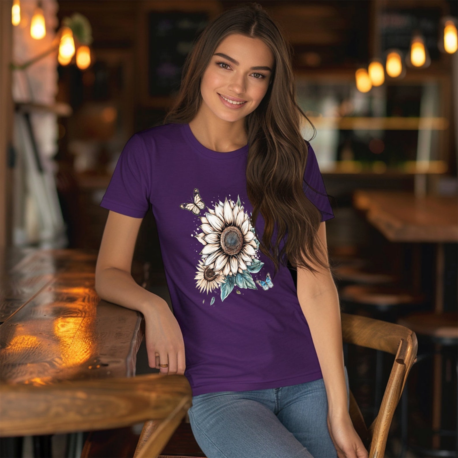 Floral Design Slim Fit Sunflower Tee,longer Body Length,comfy,stylish ...