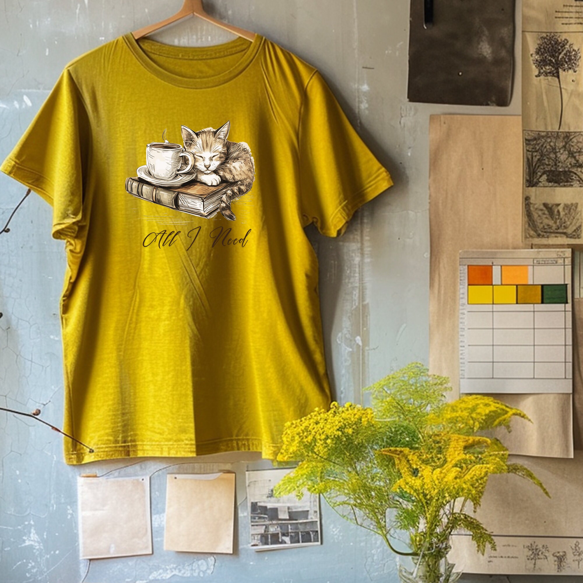 Cat Print Vintage T Shirt,cat,book and Coffee Lover Graphic T Shirt ...