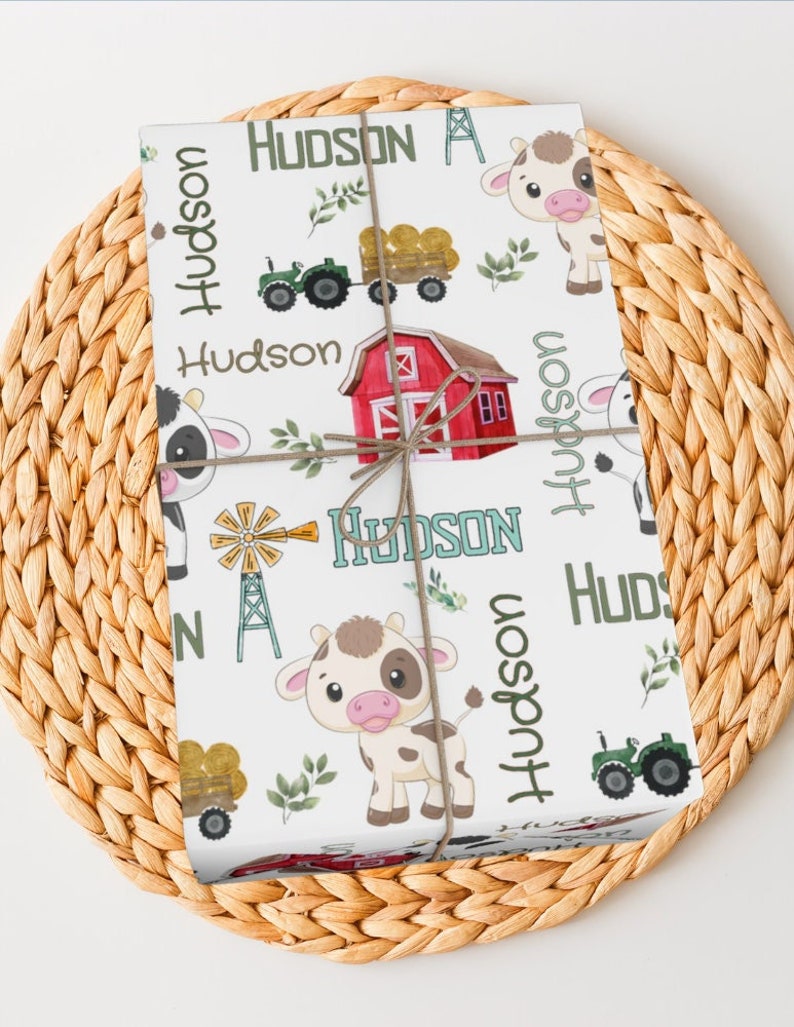Personalized Cow Wrapping Paper, Farm Theme Baby Shower, Red Barn ...