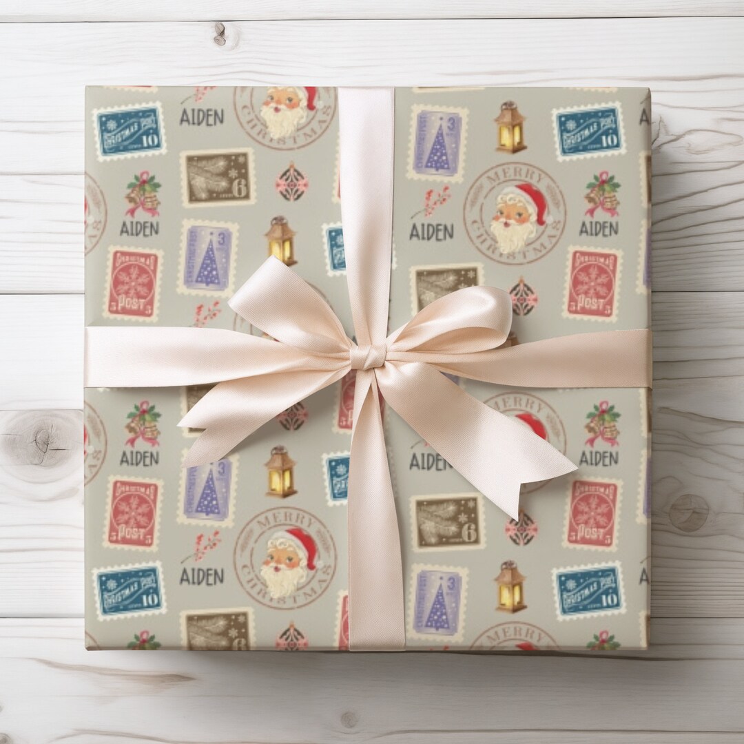 Vintage Christmas Stamps Inspired Wrapping Paper, Personalized Country ...