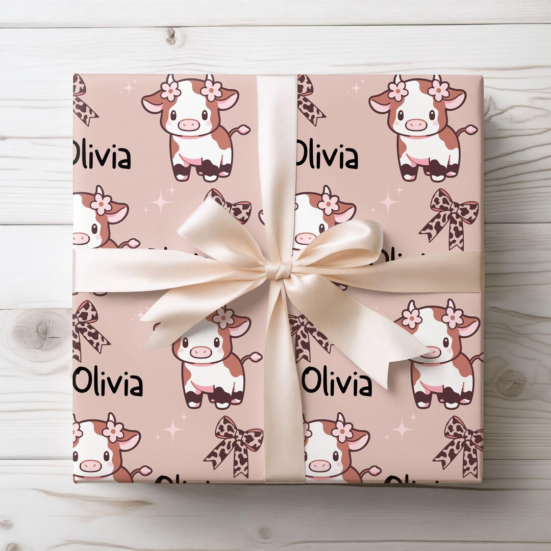 Personalized Whimsical Cow Wrapping Paper, Cute Gift Wrap for Birthdays ...