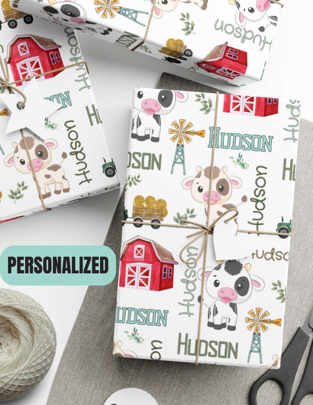 Personalized Cow Wrapping Paper, Farm Theme Baby Shower, Red Barn ...
