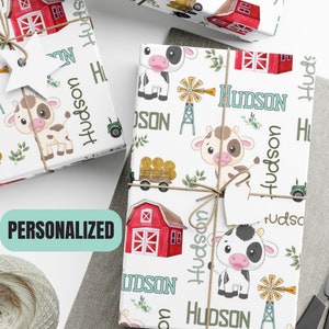Personalized Cow Wrapping Paper, Farm Theme Baby Shower, Red Barn ...