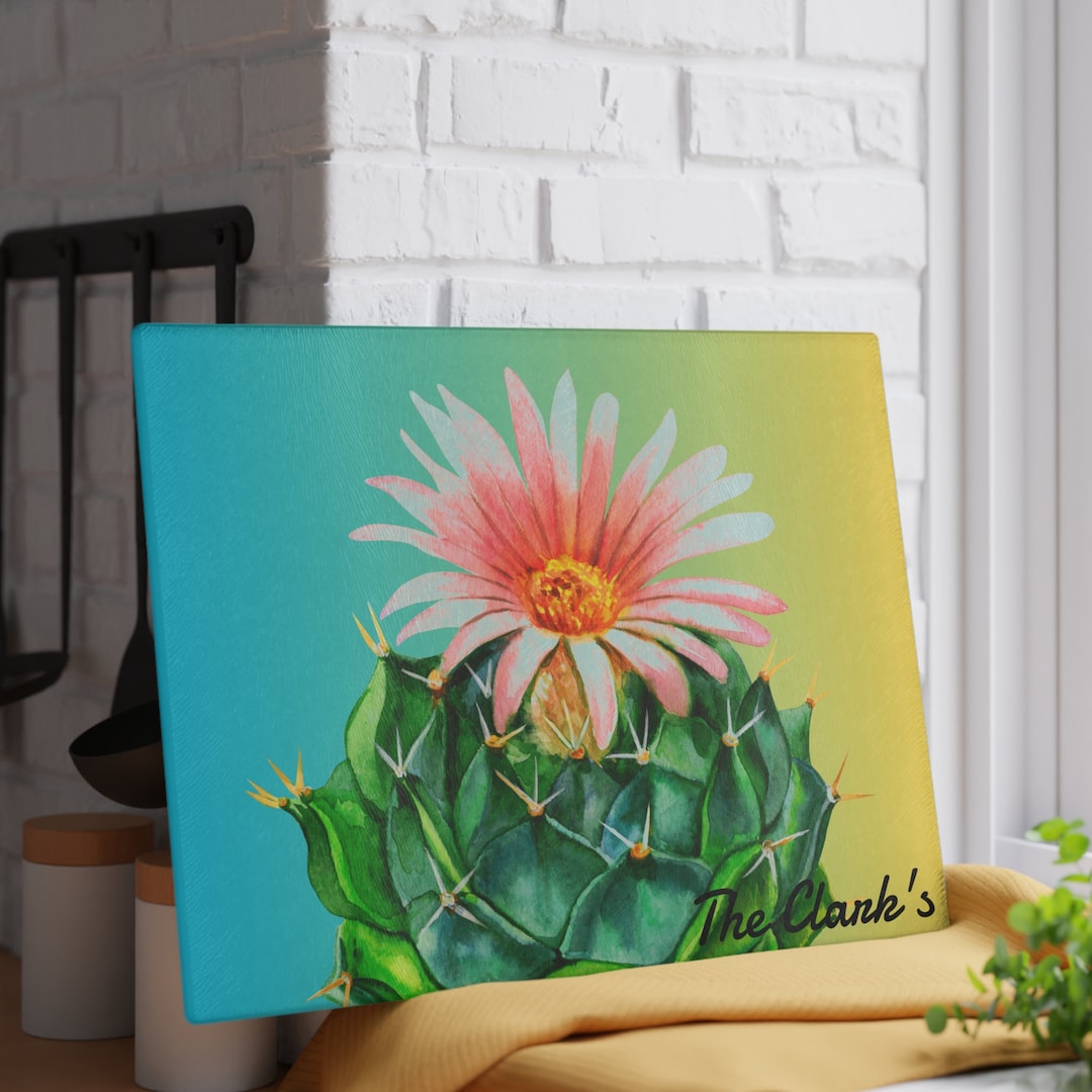 Personalized Blooming Cactus Glass Cutting Board, Custom Cactus Temper ...