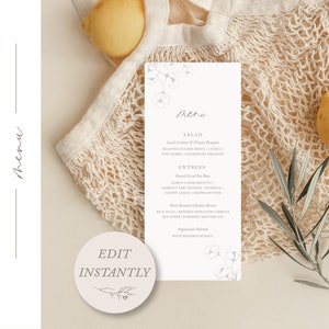 DIY Gray Floral Menu Template Beige Floral Wedding Menu Template 4x9 ...