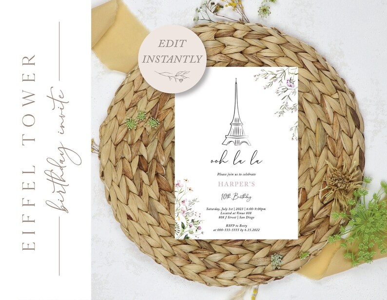 Eiffel Tower Kids Birthday Invite Template | Digital Download Birthday ...