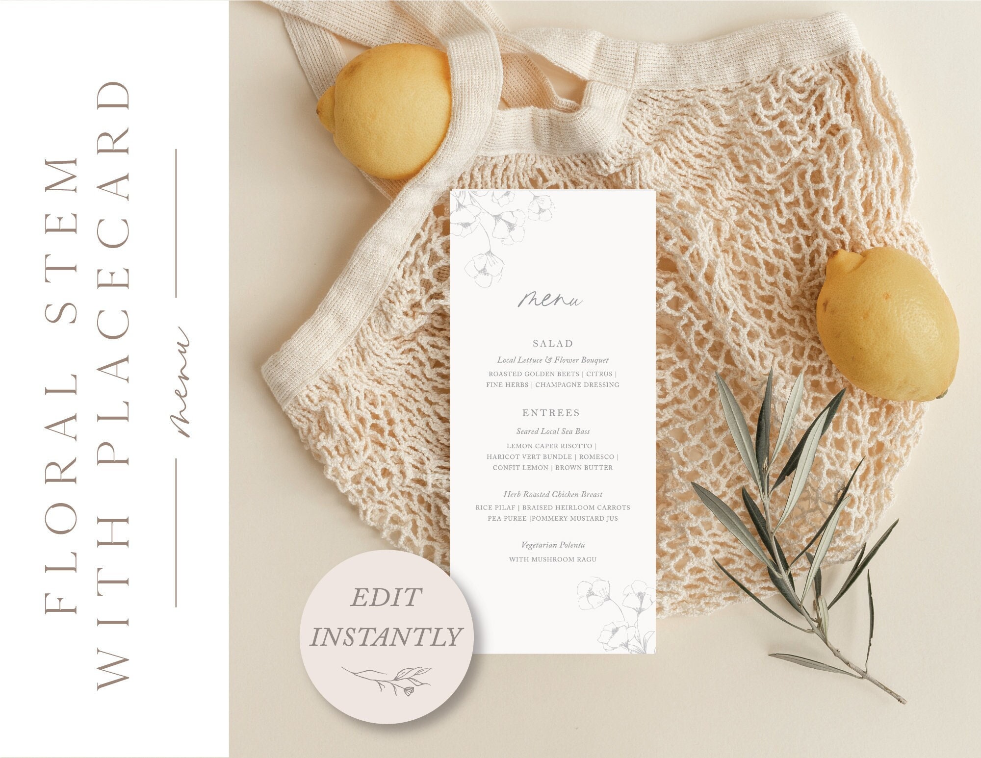 DIY Gray Floral Menu Template Beige Floral Wedding Menu Template 4x9 ...
