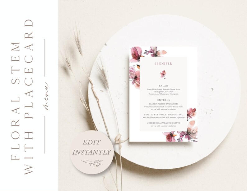 Pink Floral Wedding Menu Template 5x7 Event Menu Digital Download ...