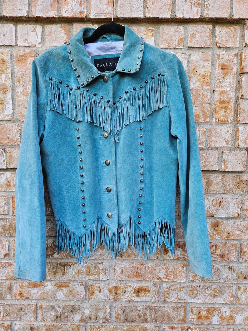 80s Vintage Genuine Suede Western Fringed Jacket - Turquoise - Satin ...
