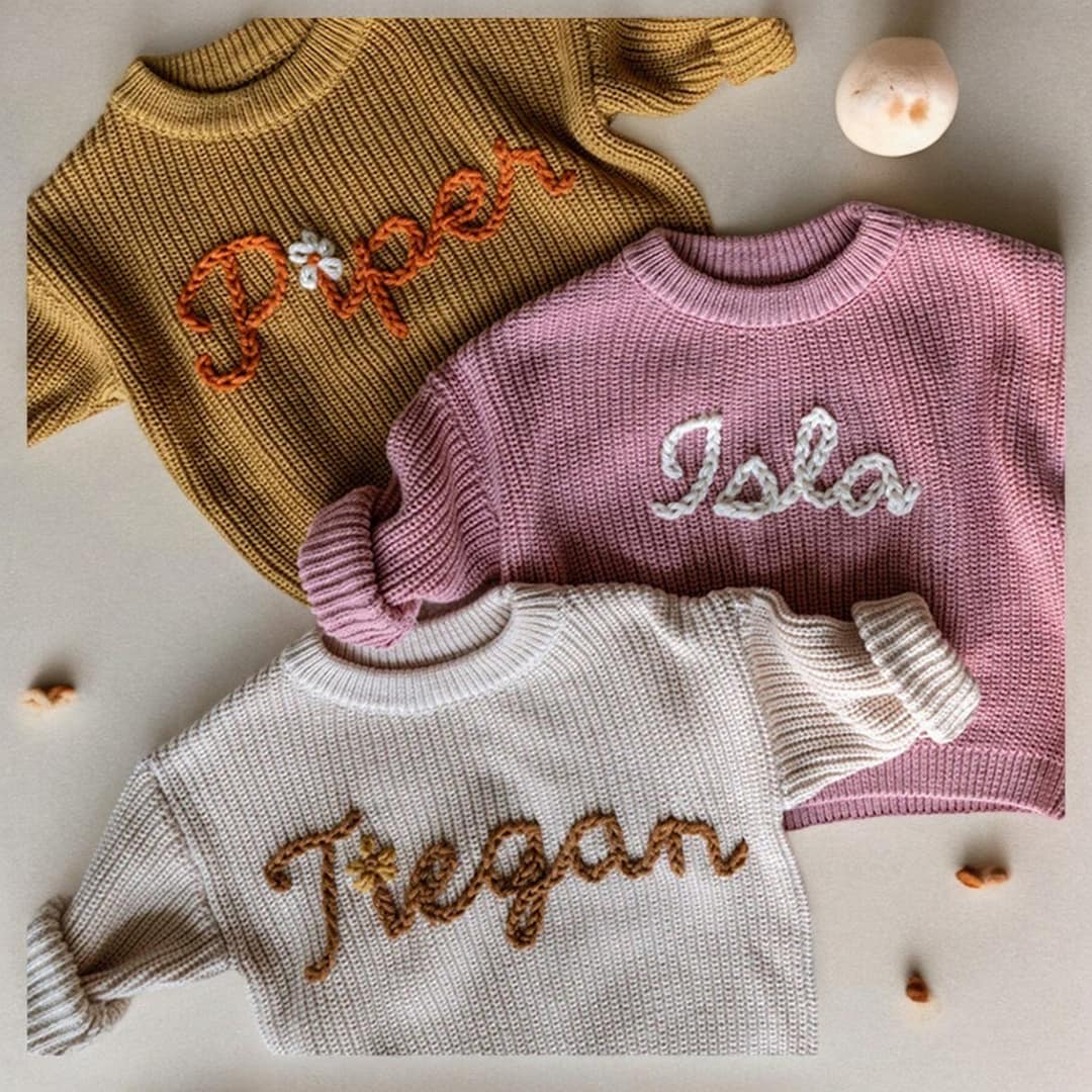 Personalized Baby Sweater: Hand Embroidered Name, Custom Knit Cotton ...