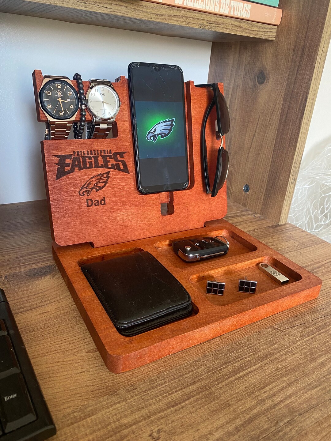 Beech Wood Phone Stand and Clock Keychain Station, Special Design for ...