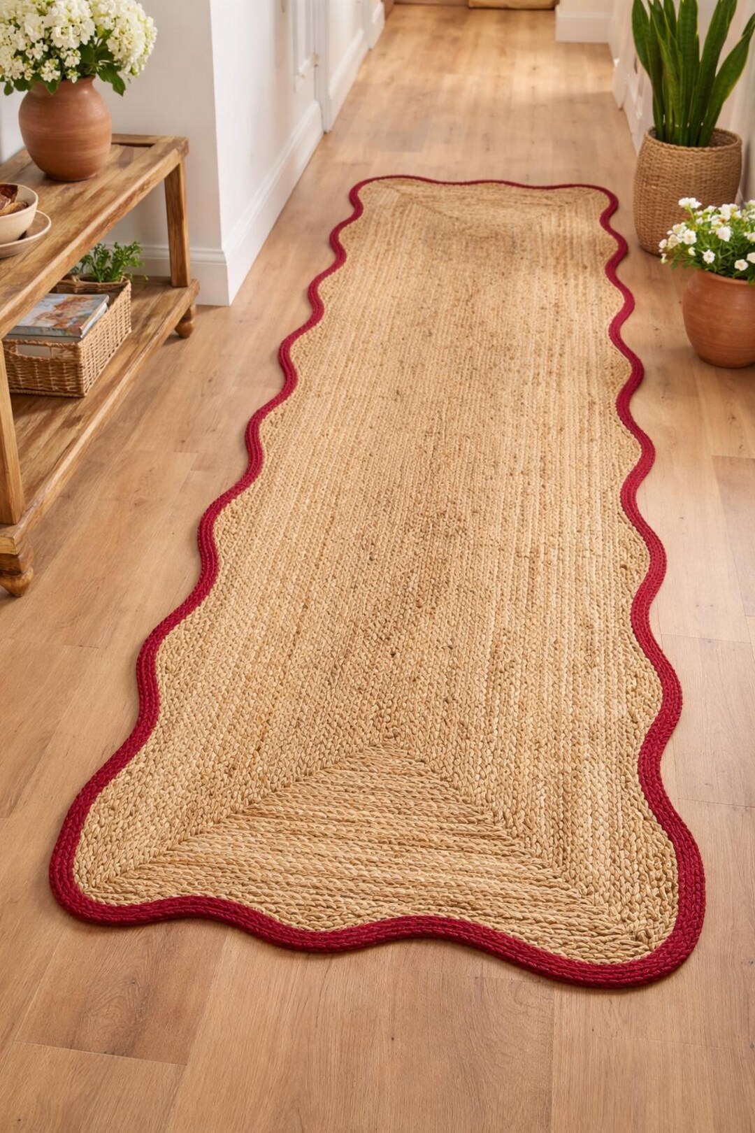 Handmade Jute Rug - Wavy Scalloped Edge, Boho Runner Rug for Livingroom ...