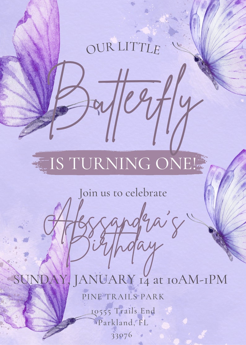 Purple Butterfly Canva Template Birthday Invitation - Digital Download ...