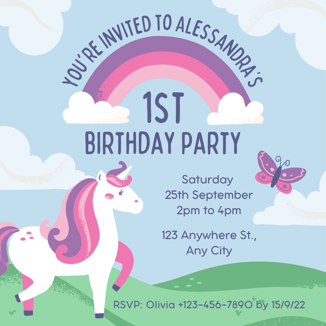 Unicorn Birthday Invitation Canva Template - Etsy