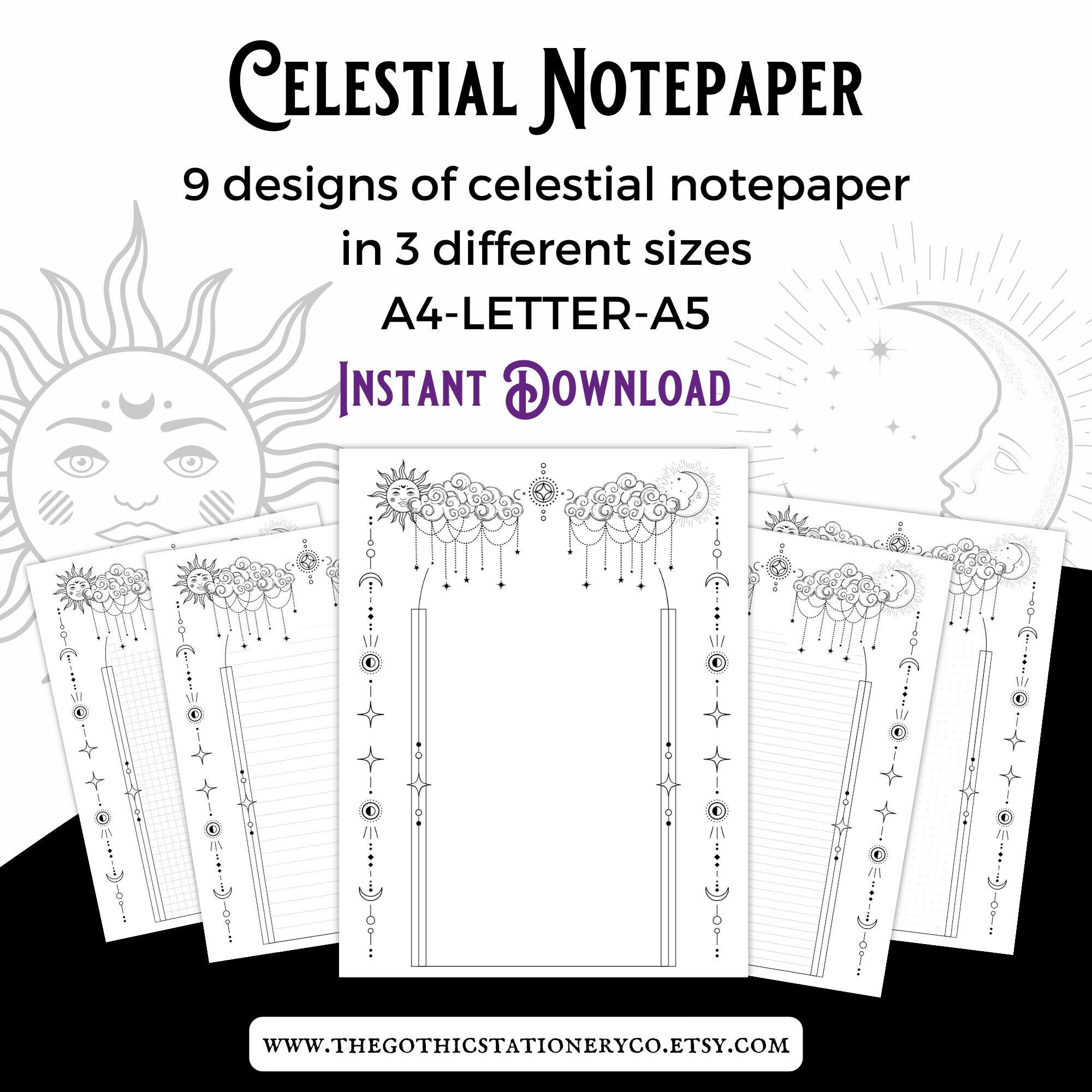 Celestial Printable Note Paper Digital Zodiac Stationery for Boho ...