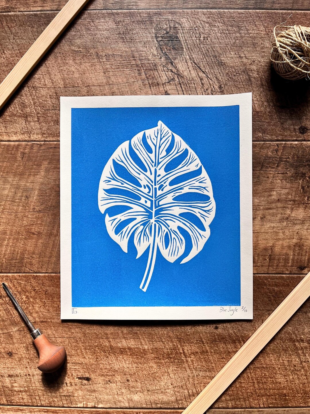 Original Handmade Linocut Print 'blue Jungle' Monstera Leaf Limited ...