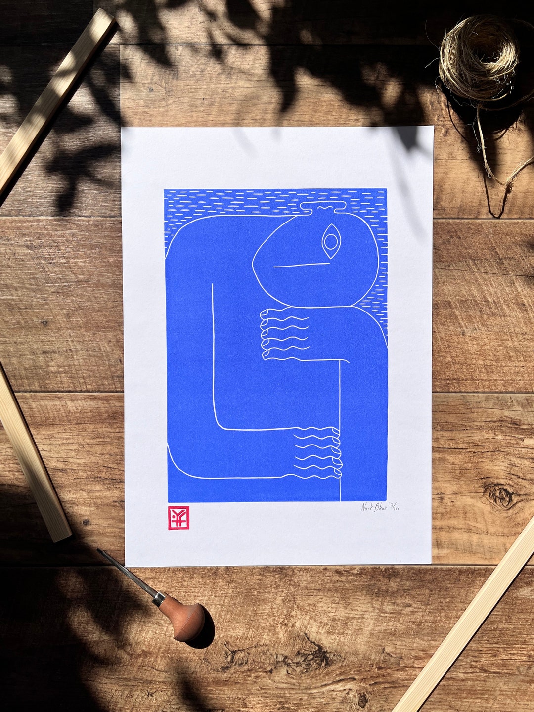 Original Handmade Linocut Print A3 Blue Night Limited Edition Colorful ...
