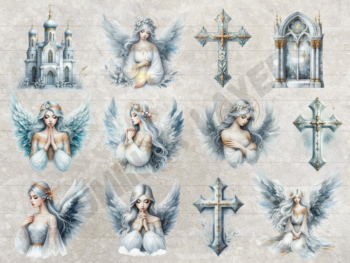 Angels Church Watercolor Cross Window Wings Angel Christian PNG Digital ...