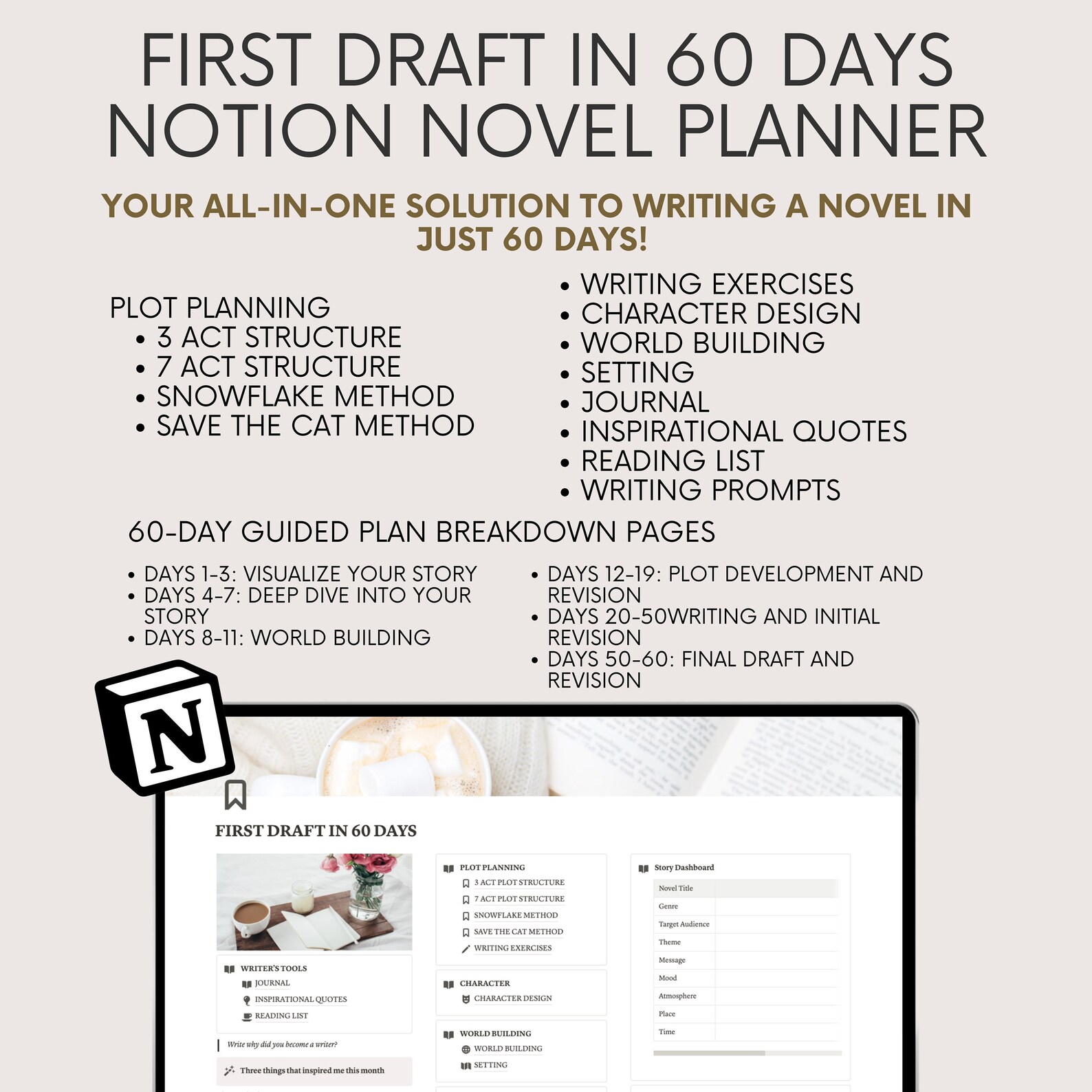 Novel Writing Notion Template, Guided Novel Planner, Book Writing ...