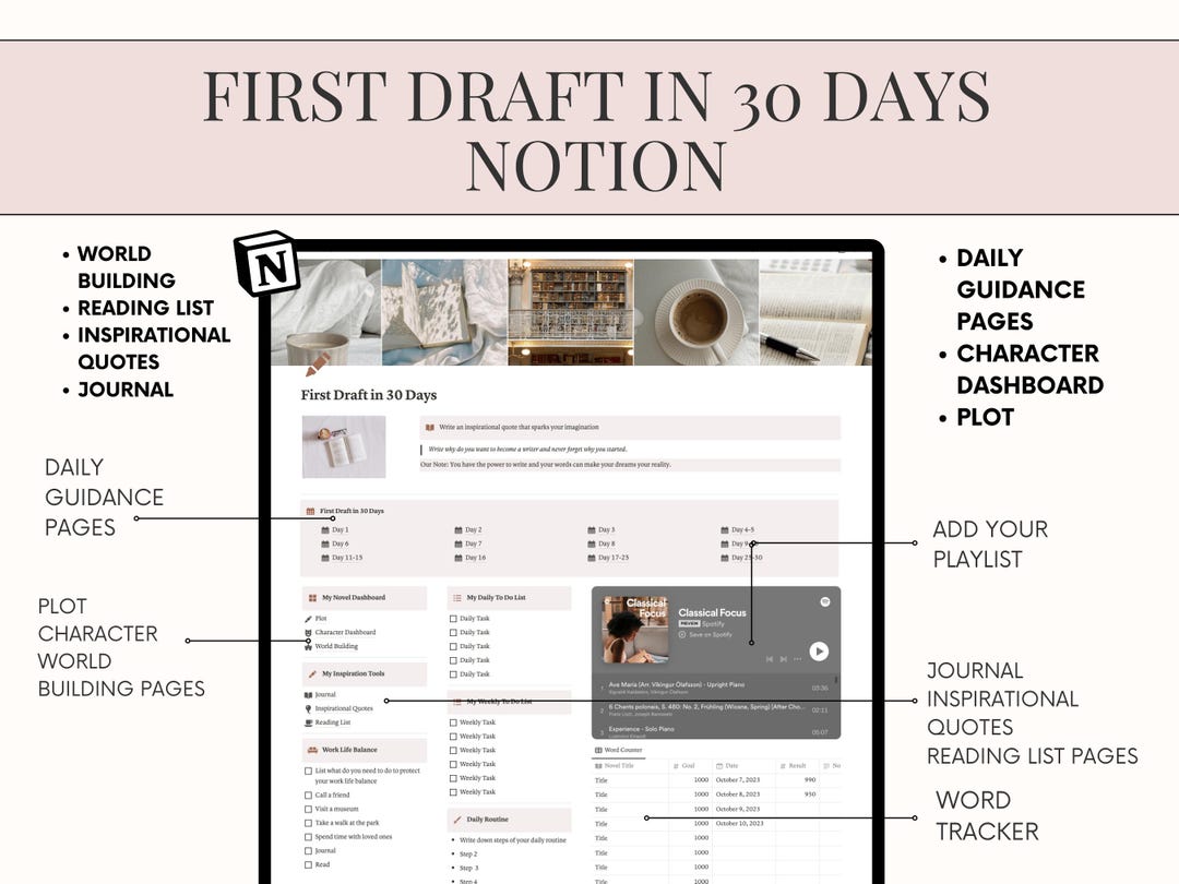 Notion Novel Planner: First Draft in 30 Days, Author Writing Planner ...